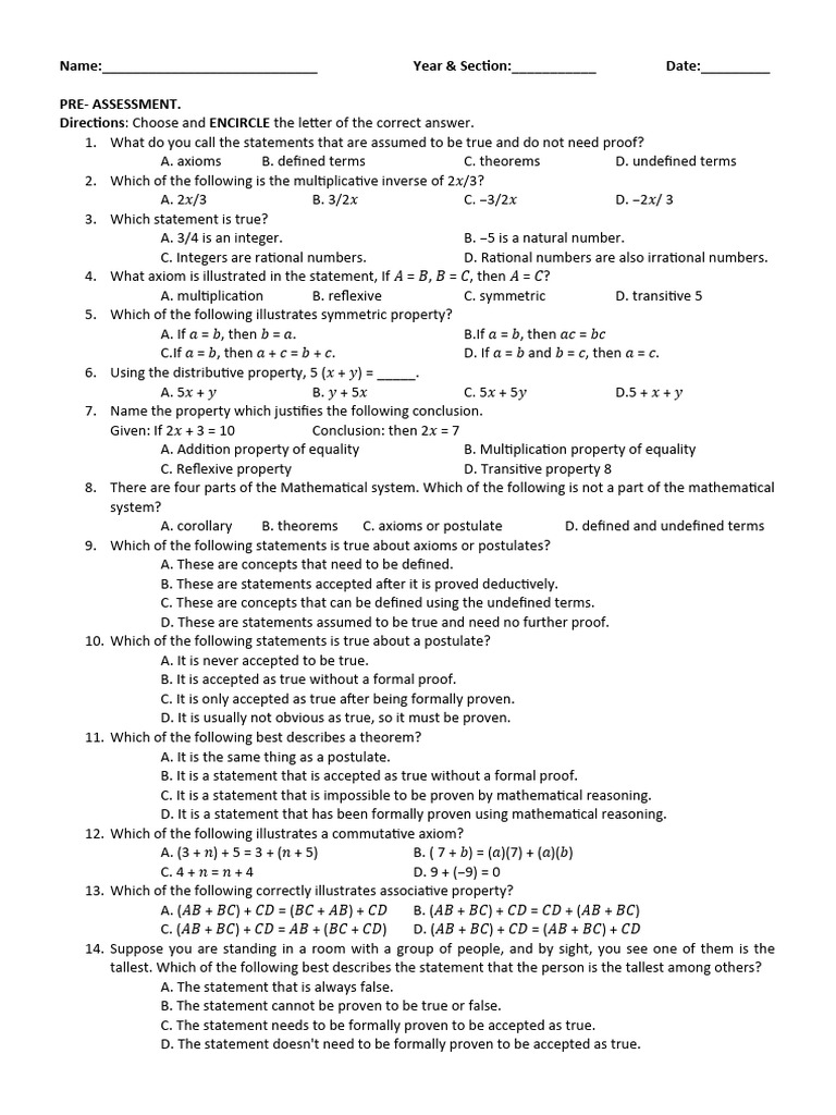 Pre-Assessment G8 W1 | PDF | Mathematical Proof | Axiom