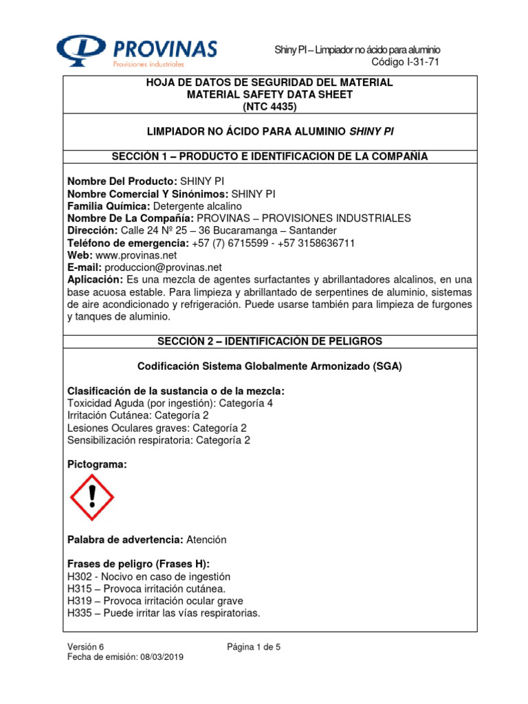 Shiny PI MSDS I-31-71 (SGA) (2019) V6 | PDF | Agua | Química