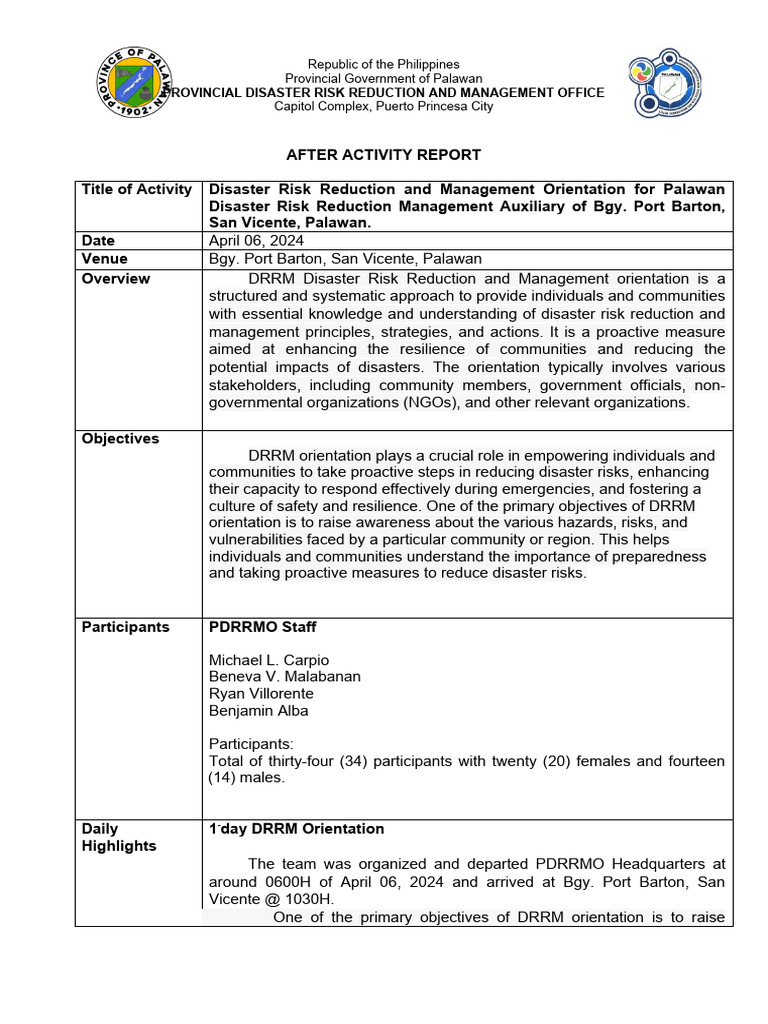DRRM Orientation Report for Palawan | PDF | Natural Disasters ...