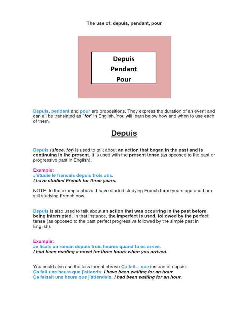 Using Depuis, Pendant, Pour in French | PDF | Grammatical Tense ...
