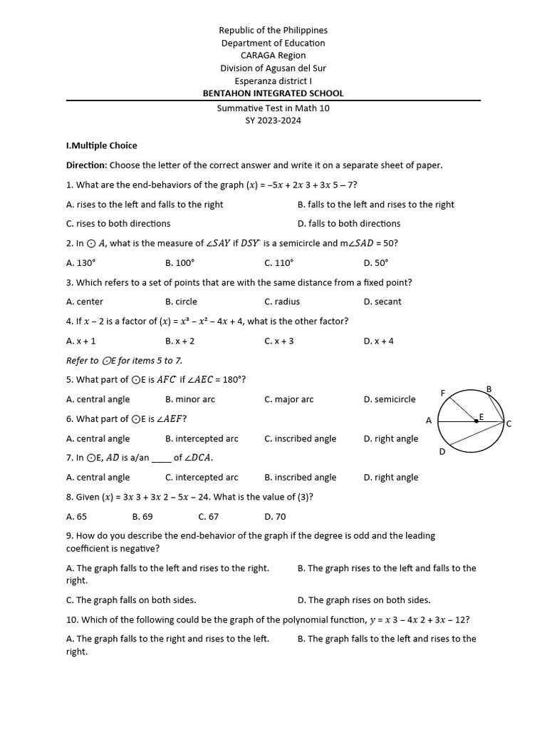 Grade 10summative Test | PDF | Angle | Mathematics