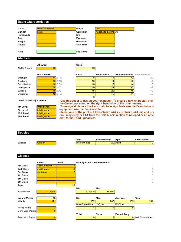 Ficha em Excel Original | PDF | Jedi | Star Wars