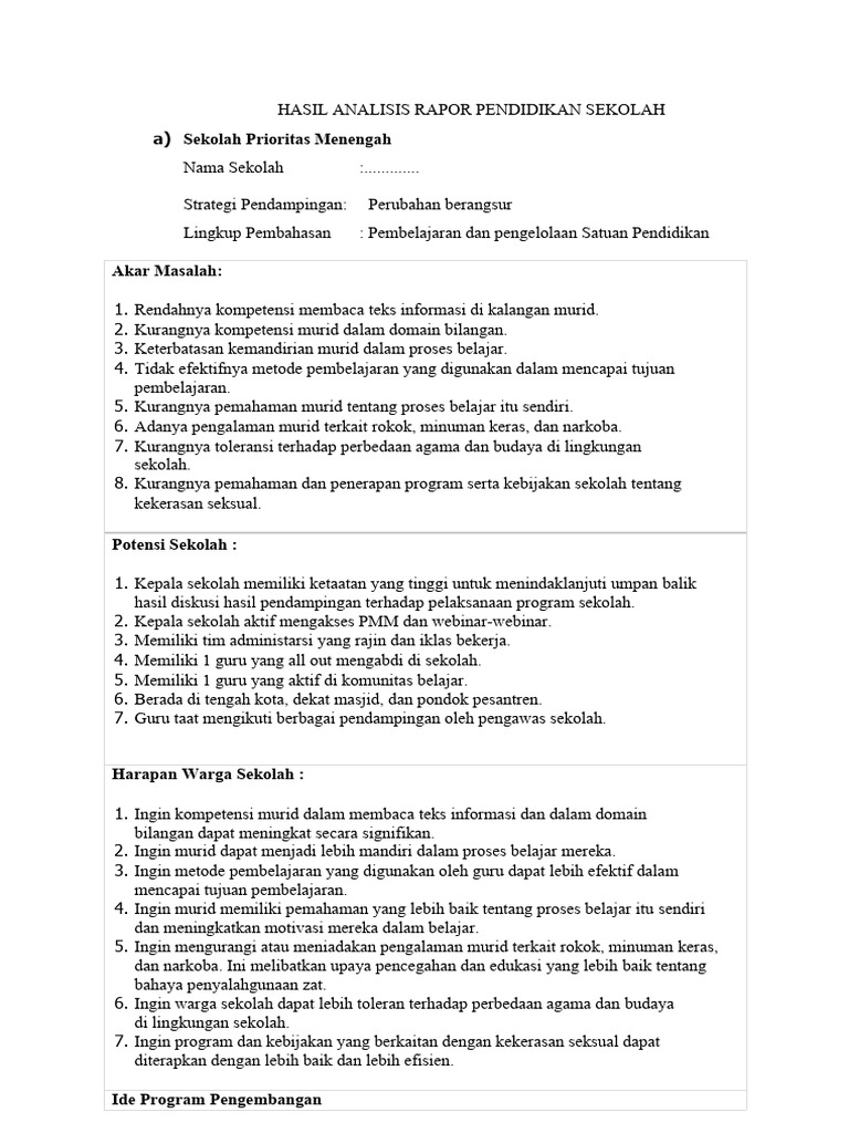 Hasil Analisis Rapor Pendidikan Sekolah | PDF