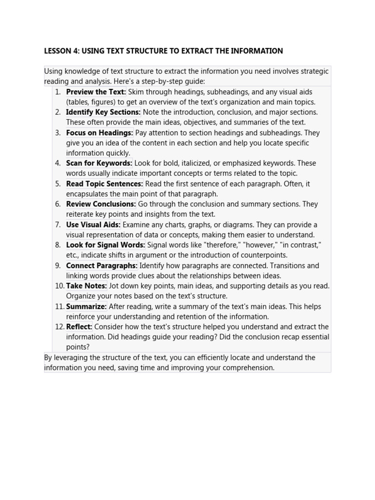 LESSON 4 - USING TEXT STRUCTURE TO EXTRACT INFORMATION | PDF | Information | Reading Comprehension
