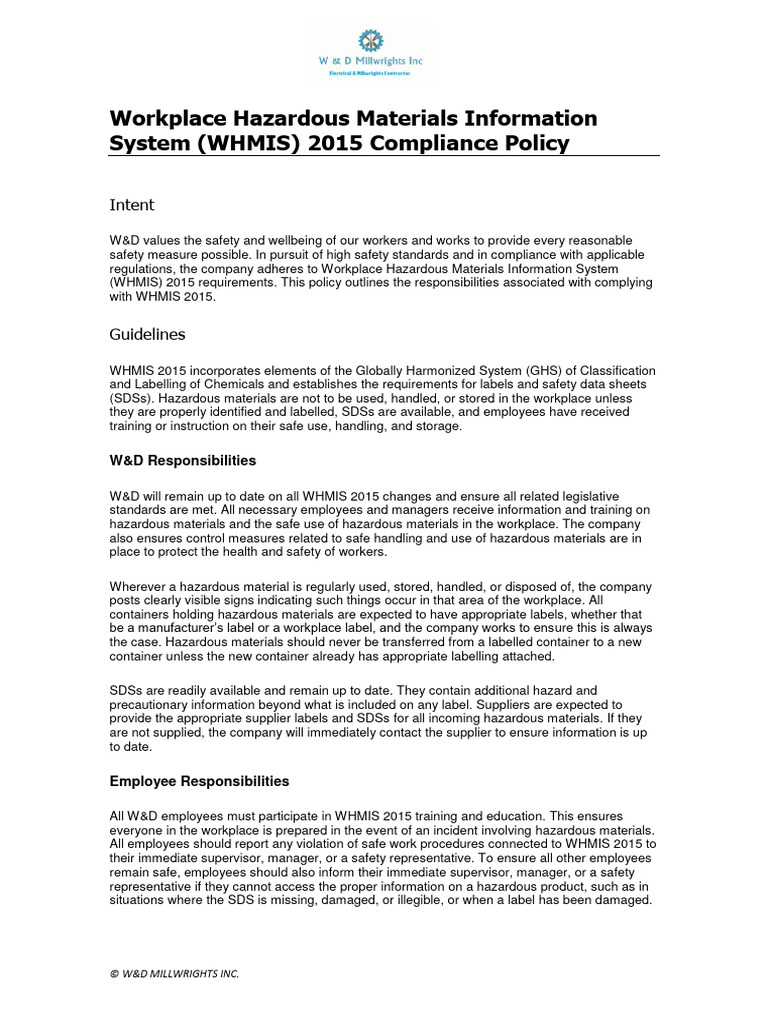 Workplace Hazardous Materials Information System Whmis 2015 Compliance ...