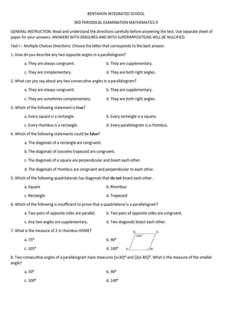 3RD PERIODICAL EXAMINATION MATHEMATICS 9 | PDF | Rectangle | Classical Geometry