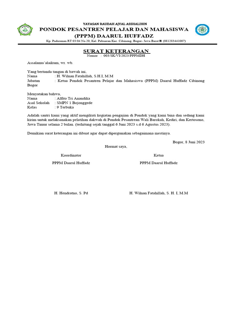 Surat Keterangan Santri Aktif | PDF