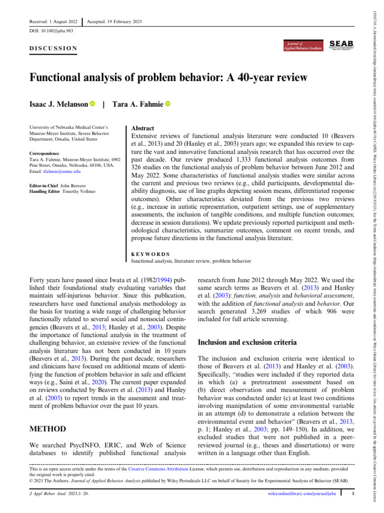 J of App Behav Analysis - 2023 - Melanson - Functional analysis of problem behavior A 40‐year ...