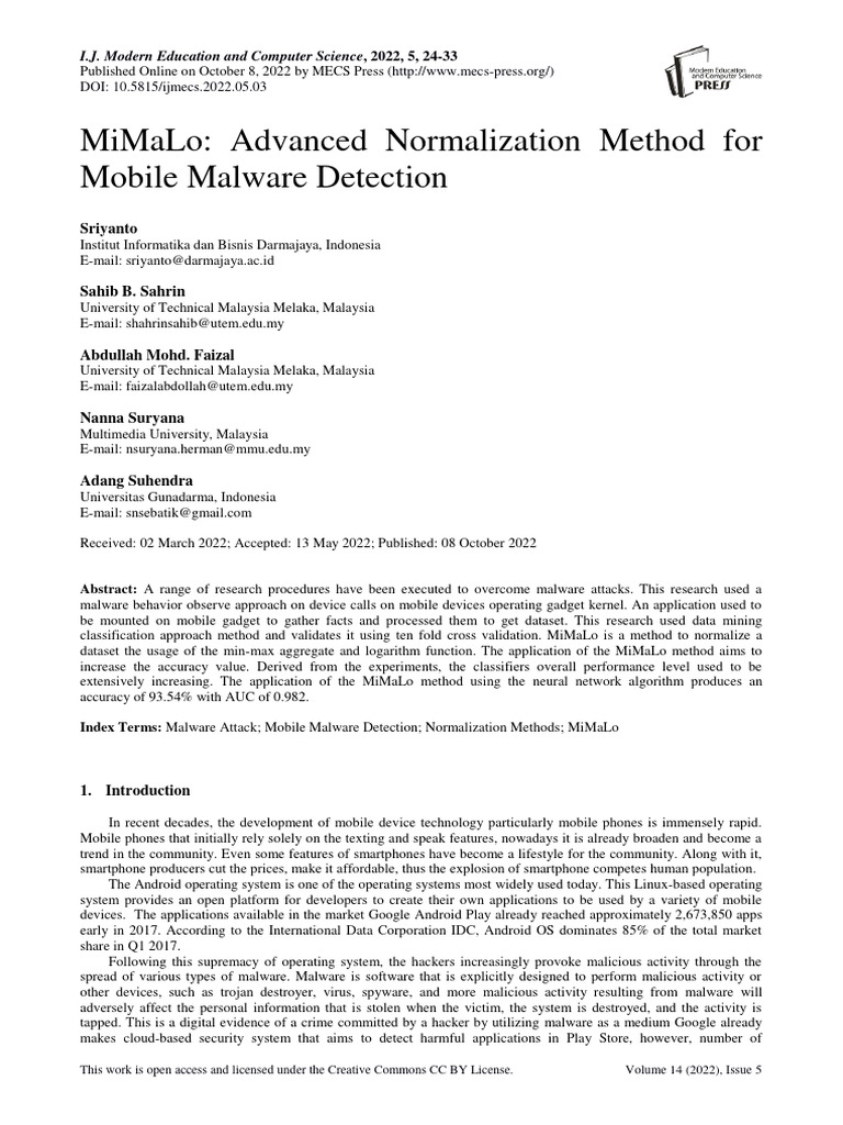 MiMaLo: Advanced Normalization Method For Mobile Malware Detection | PDF | Malware | Accuracy ...