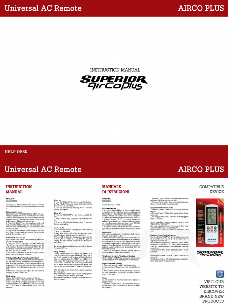 Universal Remote SUPERIOR AIRCO PLUS 2000 in 1 For AirCo | PDF
