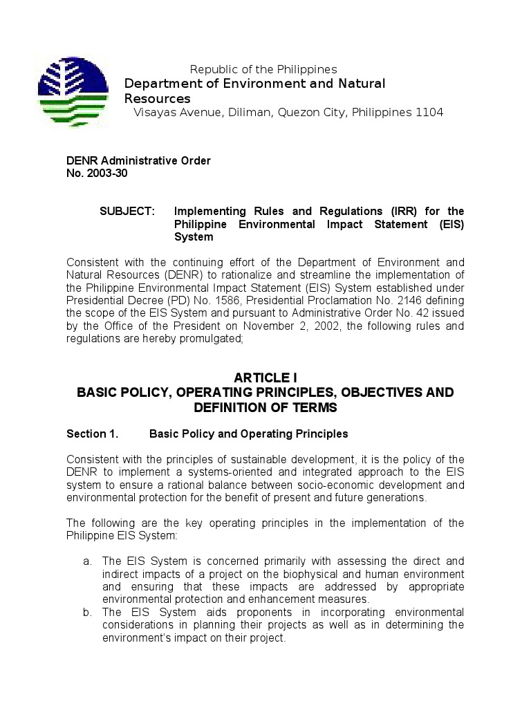 DENR DAO 2003-30 EIS System Guidelines | PDF | Environmental Impact ...