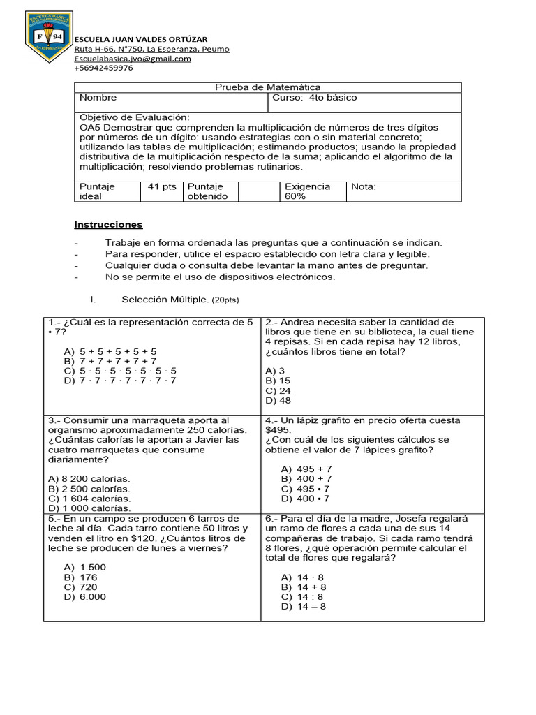 Prueba de Multiplicación 4to Básico | PDF | Multiplicación | Lógica ...