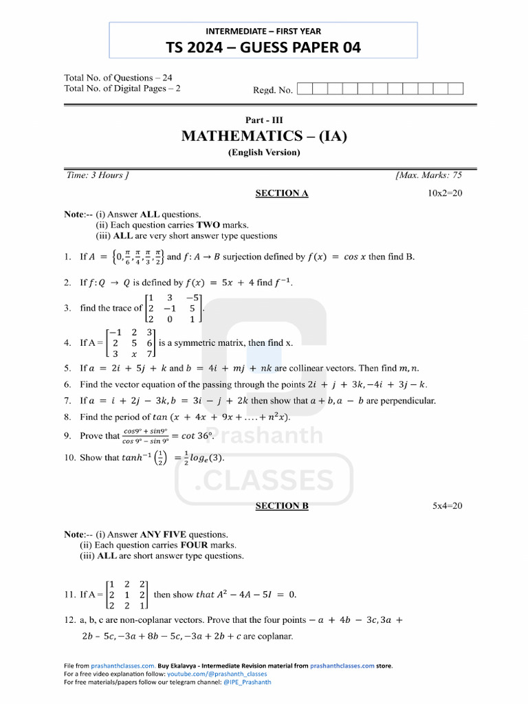 TS Maths 1A - Guess Paper 04 | PDF