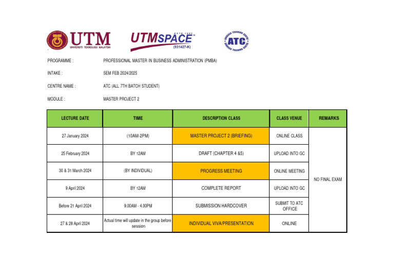 UTM MASTER PROJECT 2 SCHEDULE FEB 2024 | PDF
