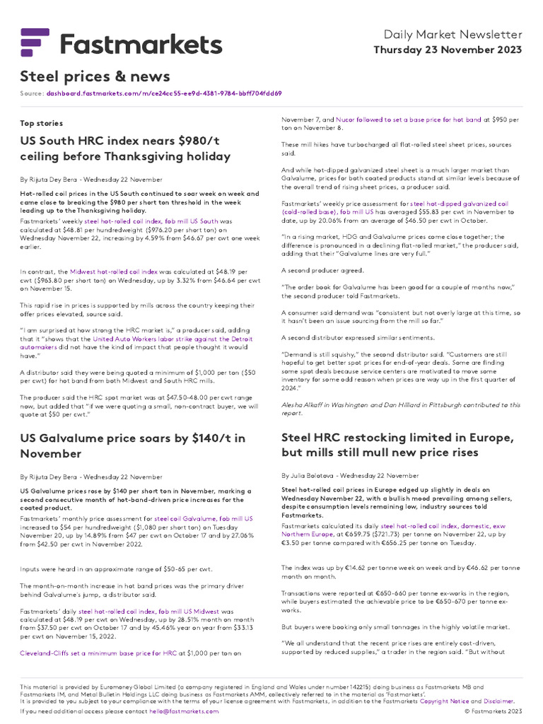 Fastmarkets Steel Prices & News Daily 2023-11-23 | PDF | Steelmaking ...