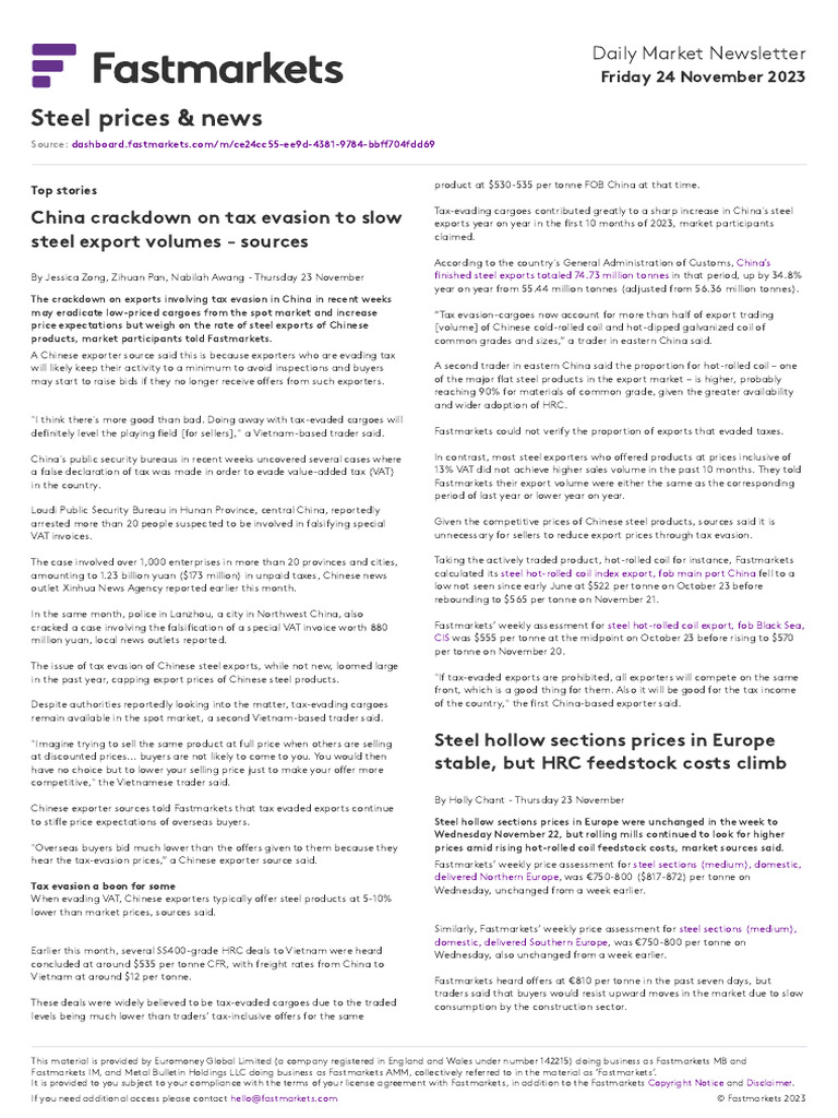 Fastmarkets Steel Prices & News Daily 2023-11-24 | PDF | Iron Ore ...