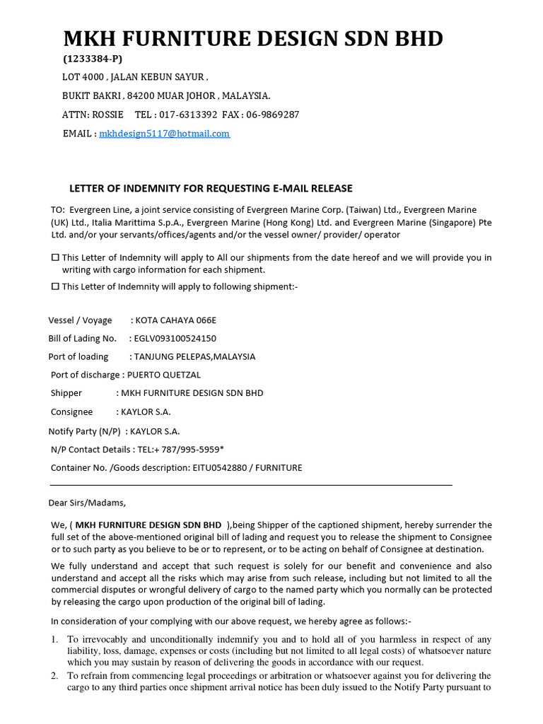 LOI EMC (NEW) - MKH Furniture Design | PDF | Cargo | Bill Of Lading