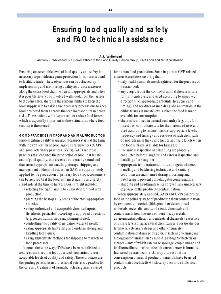 Ensuring Food Quality and Safety and FAO Technical Assistance | PDF ...