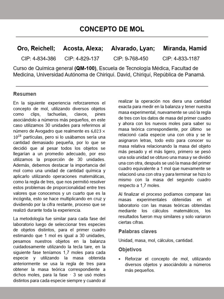 Concepto de Mol (F) | PDF | Mole (Unidad) | Química
