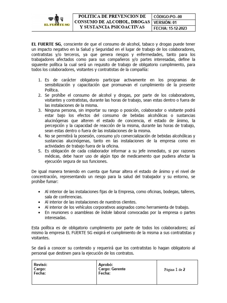 Politica Consumo de Alcohol Drogas y Sust | PDF | Drogas | Alucinógeno
