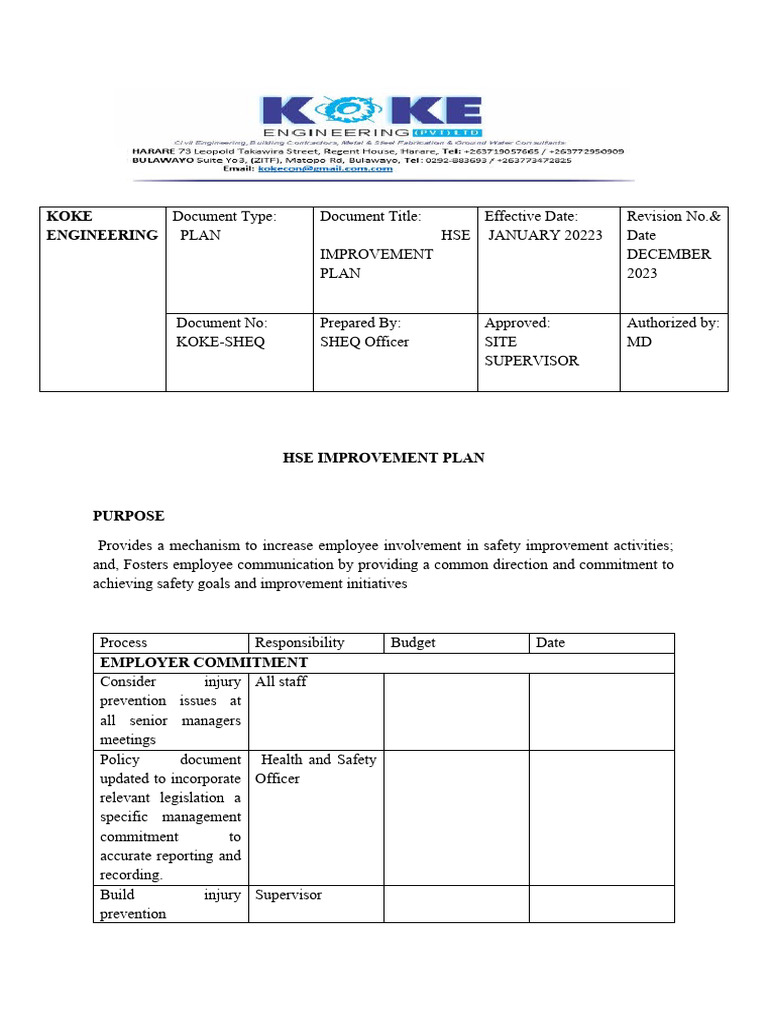 HSE IMPROVEMENT PLAN | PDF | Occupational Safety And Health | Workplace