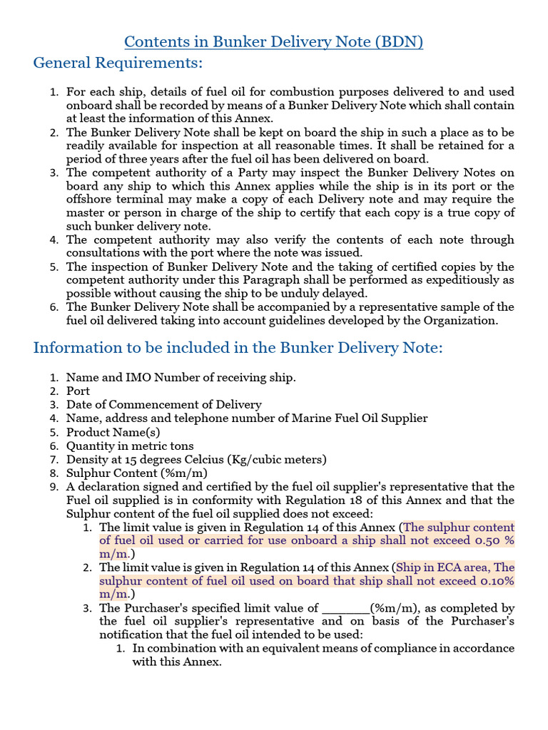 Contents in Bunker Delivery Note | PDF | Fuel Oil | Petroleum