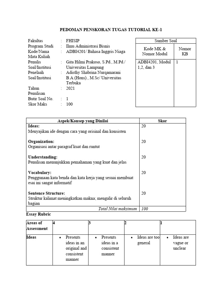 Pedoman Penskoran Tugas 1 Adbi4201 | PDF