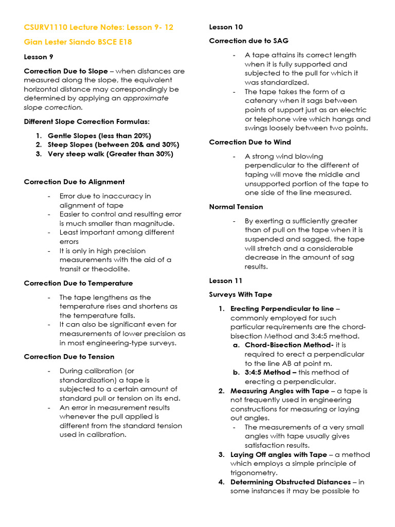 CSURV1110 Lecture Notes Lesson 9 - 12 | PDF | Surveying | Metrology