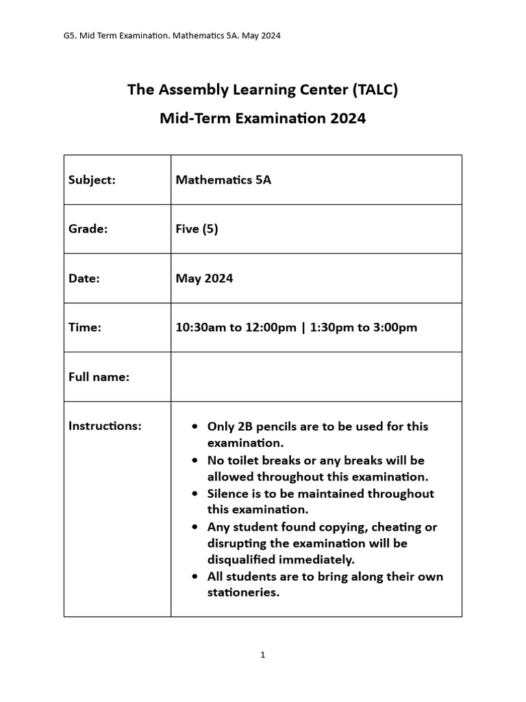 G5 Math Mid Term Exams - Student | PDF | Mathematics