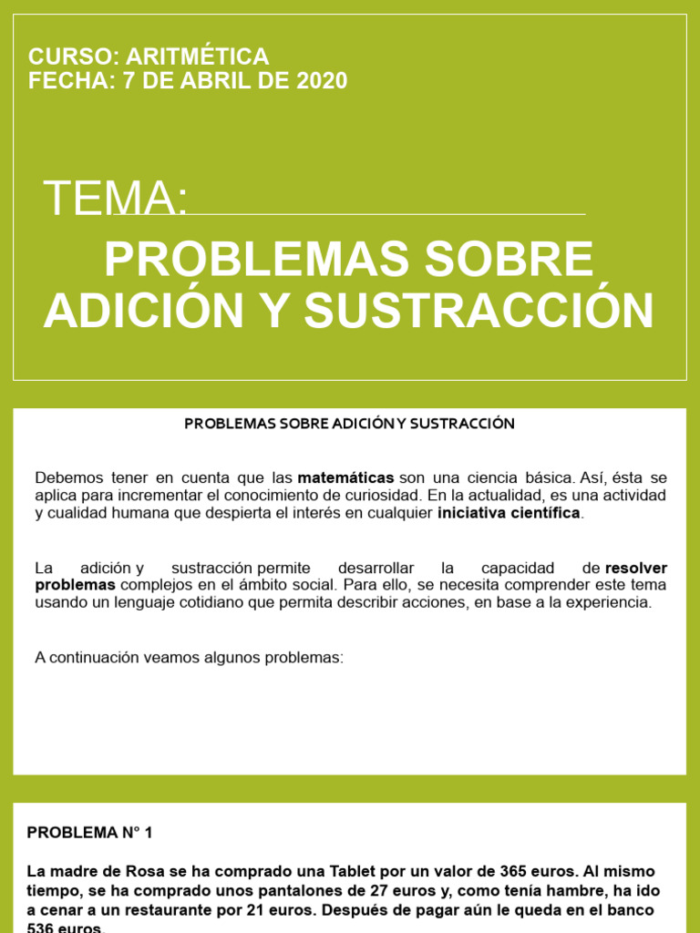 Aritmetica - Problemas de Adición y Sustracción - Teoria - Primaria ...