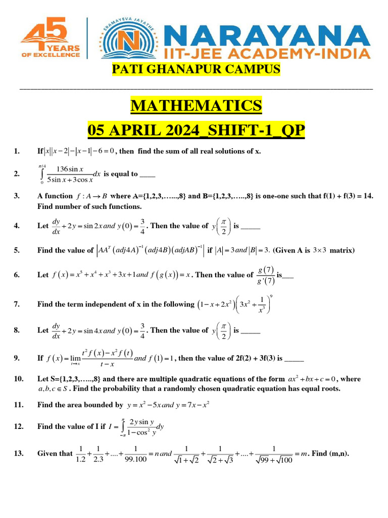Mathematics Question Paper April 2024 | PDF | Circle | Equations