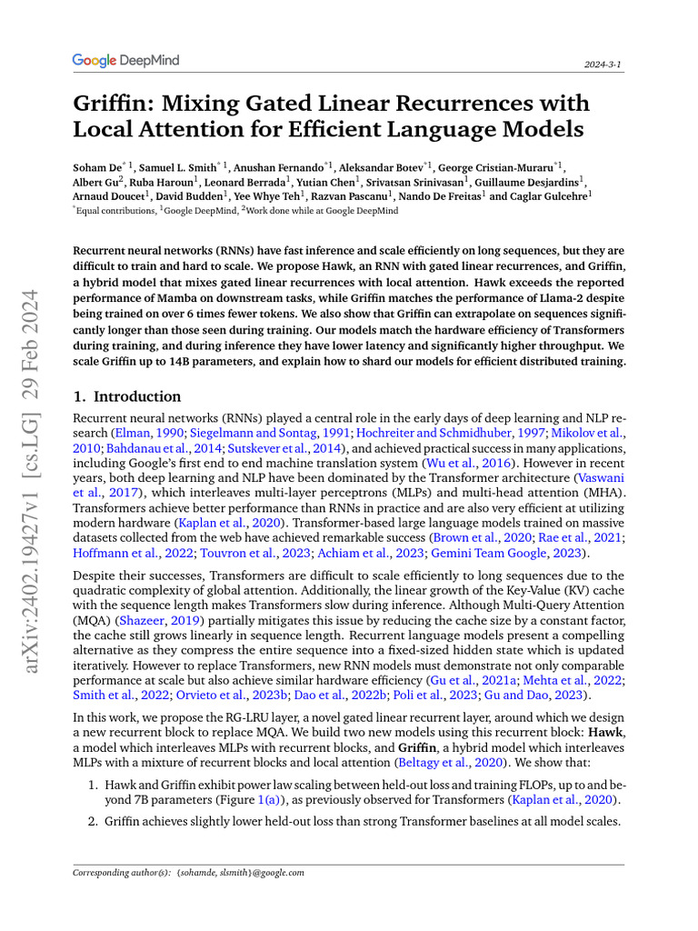 Griffin Mixing Gated Linear Recurrences with Local Attention for Efficient Language Models | PDF ...