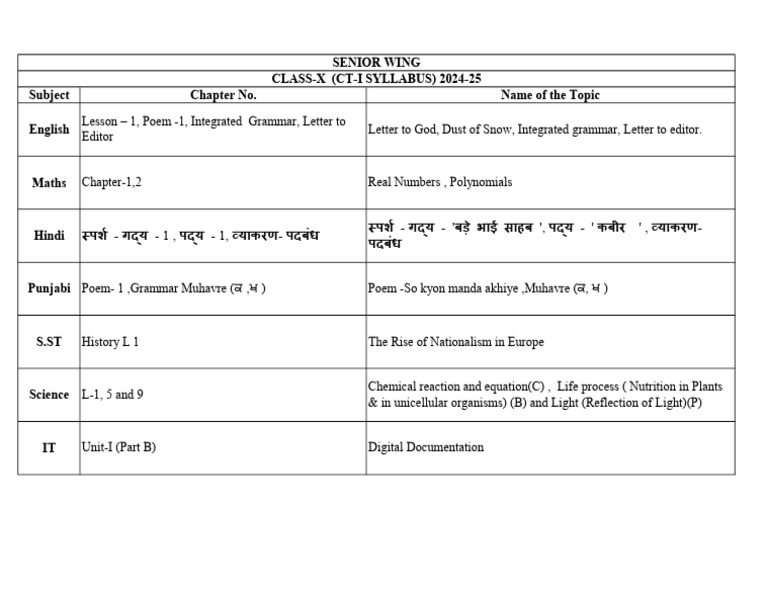 Class X CT-I Syllabus 2024-25 | PDF