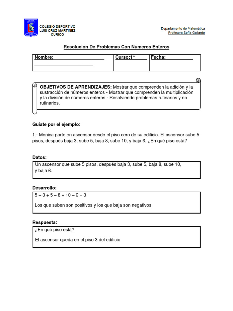Guía Problemas Con Números Enteros | PDF | Entero