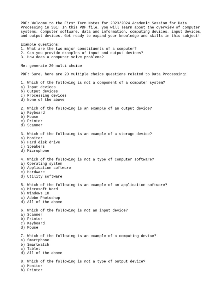 ChatPDF-SS1 DATA PROCESSING - 124911 | PDF | Input/Output | Computer Hardware