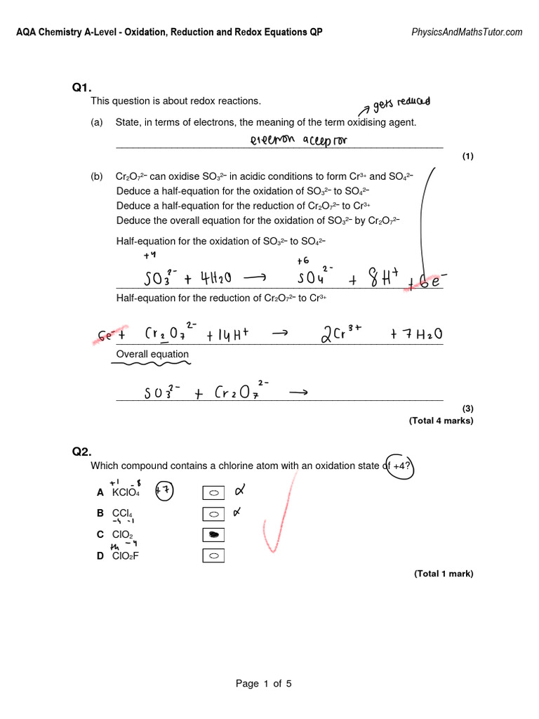 AQA Chemistry Redox Reactions QP | PDF | Redox | Unit Processes