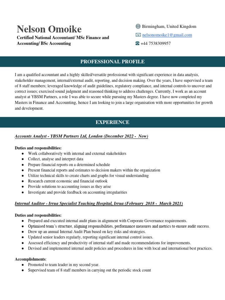 CV - Nelson-Compressed | PDF | Internal Audit | Accounting