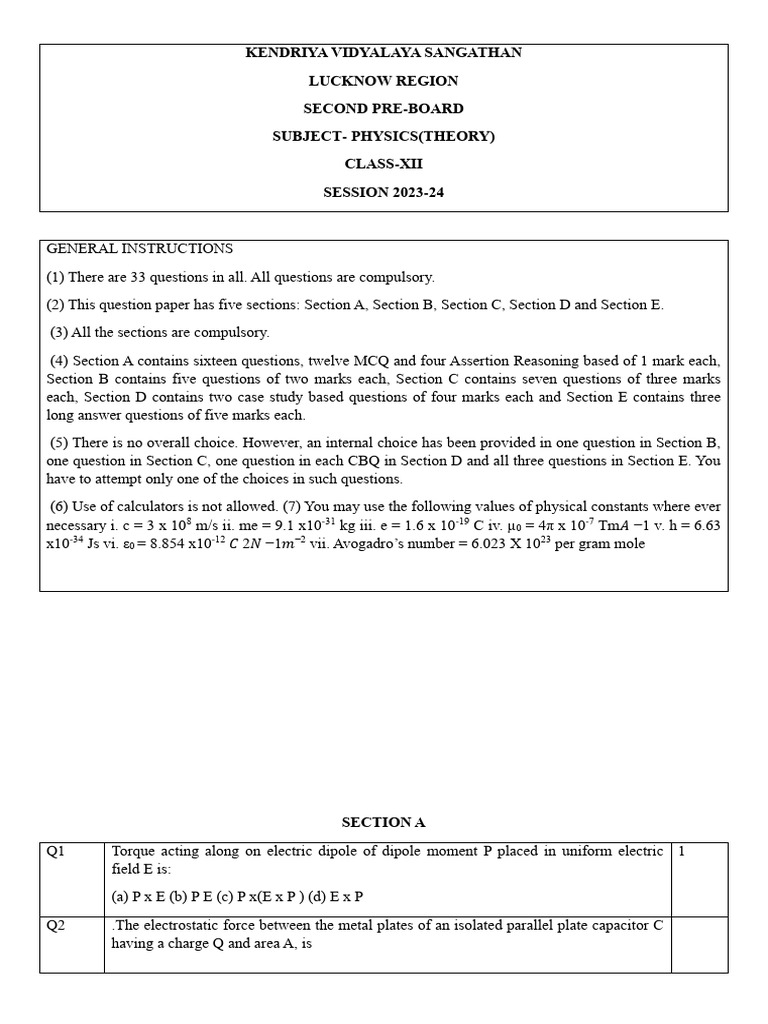 Kvs Lucknow Xii Phy QP & Ms (2nd PB) (23-24) | PDF | Electrical ...