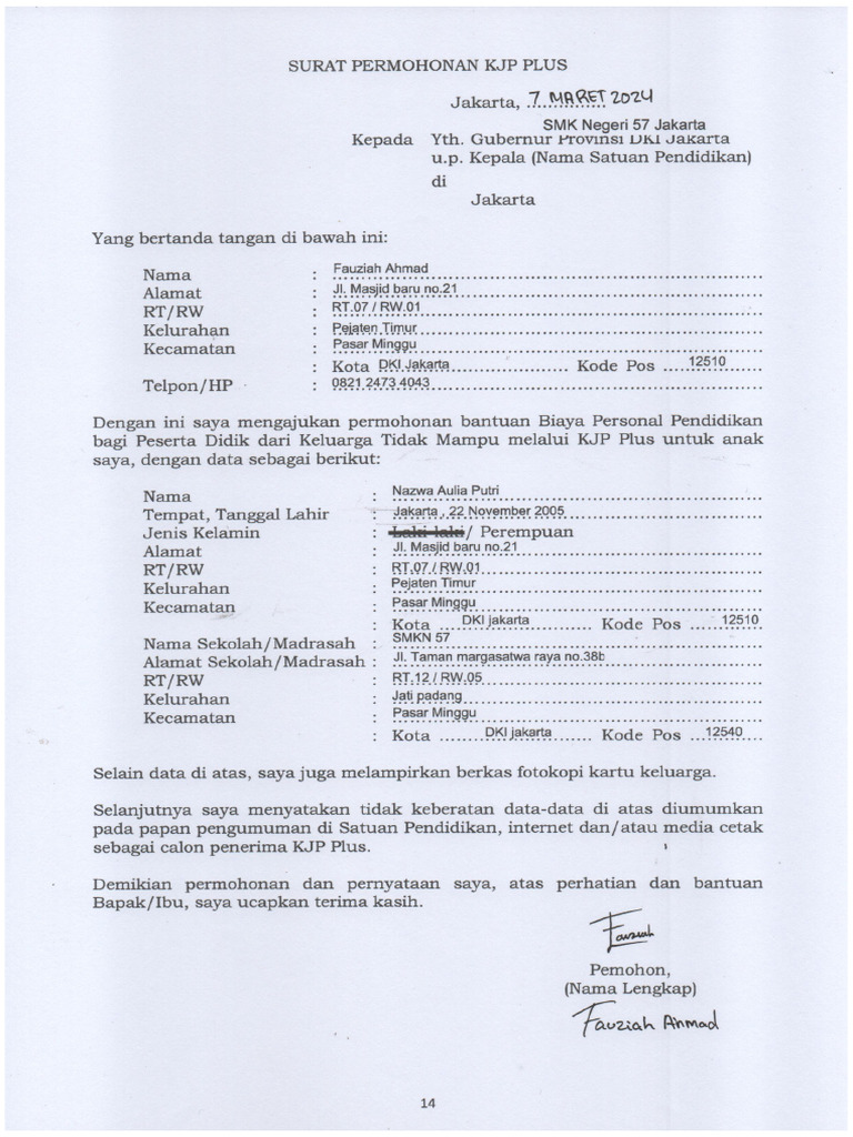 Surat Permohonan Nazwa Aulia Putri 12 PH 4 | PDF