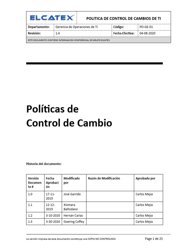 Política de Control de Cambios TI ELCATEX | PDF | Software | Software ...