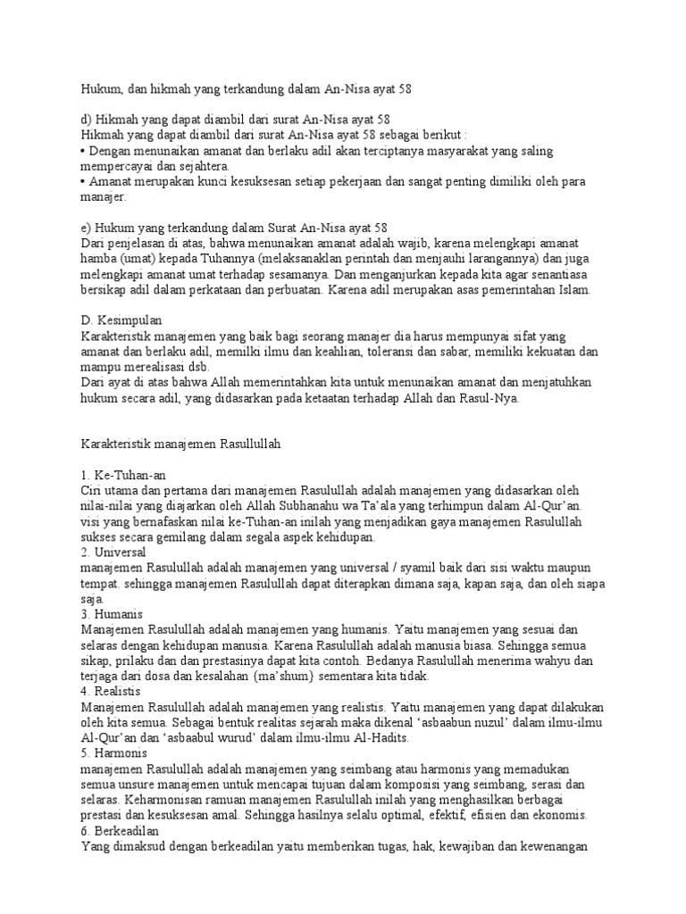 Karakteristik Manajemen Qs Anisa 58 | PDF | Karier & Perkembangan | Agama & Spiritualitas