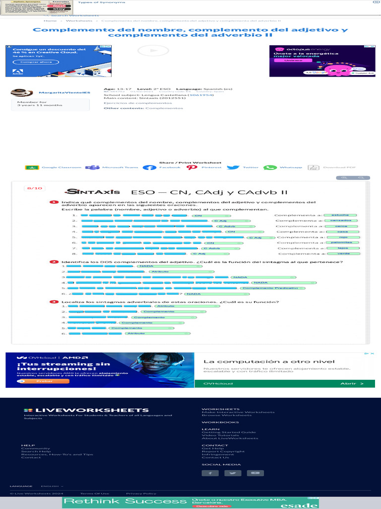 Complemento Del Nombre, Complemento Del Adjetivo y Complemento Del Adverbio II Worksheet Live ...
