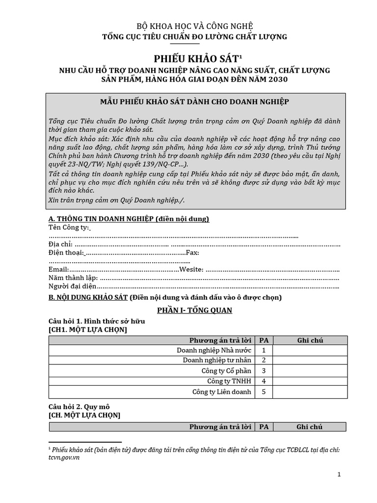 Phiếu khảo sát bản gủi DN 2 | PDF
