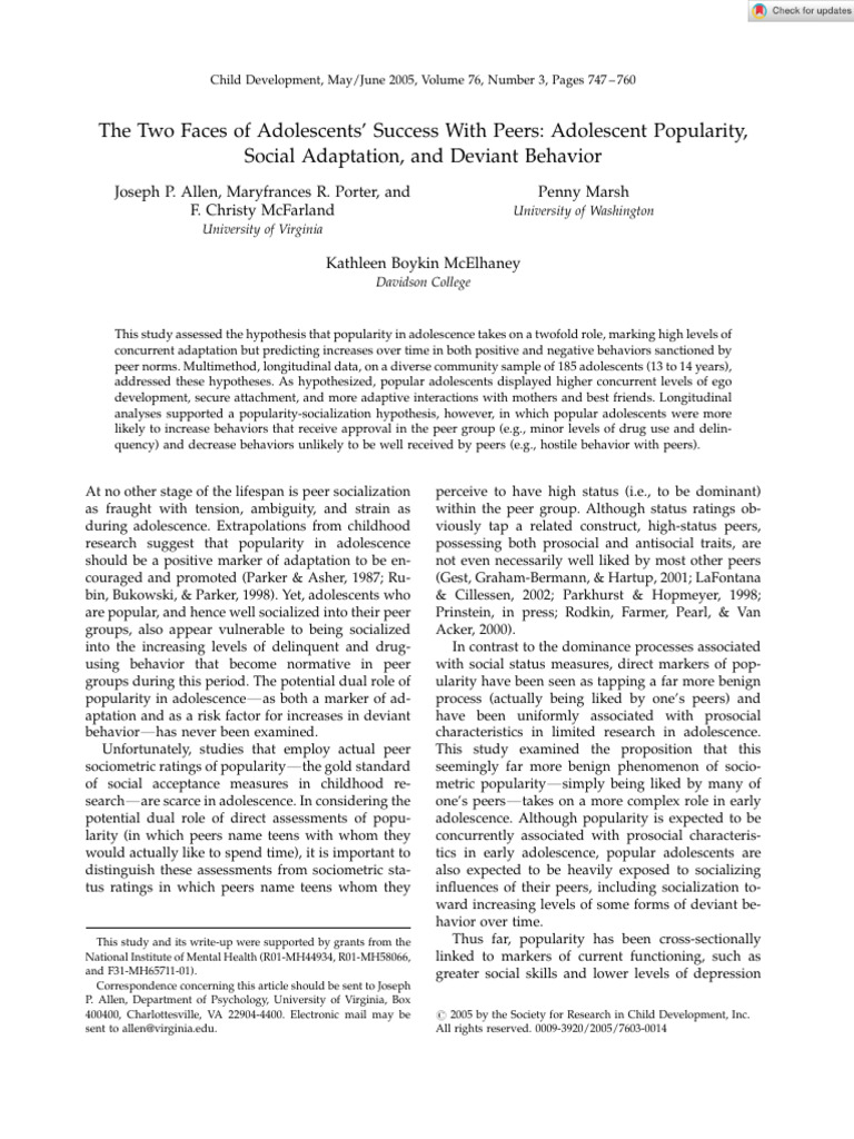 Child Development - 2005 - Allen - The Two Faces of Adolescents Success ...