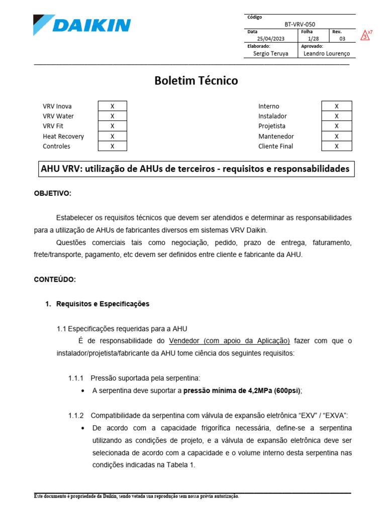 BT-VRV-050 AHU VRV - AHU de 3° Com VRV - Requisitos e Responsabilidades ... BT-VRV-050 AHU VRV - AHU de 3° Com VRV - Requisitos e Responsabilidades ...