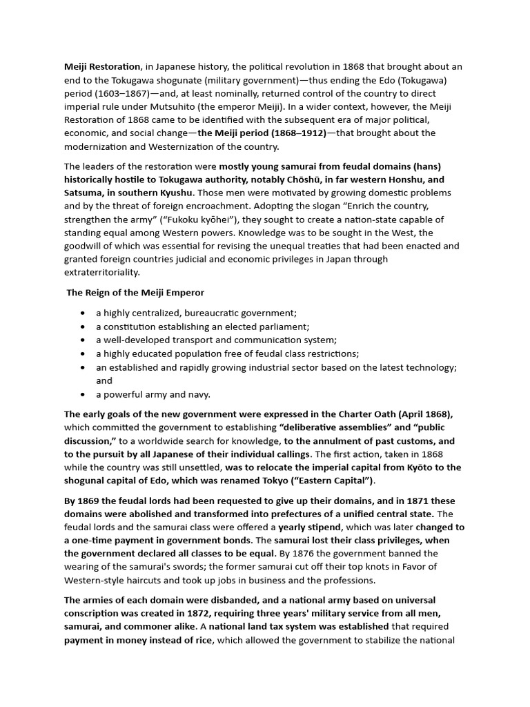 The Meiji Restoration Notes | PDF | Japan