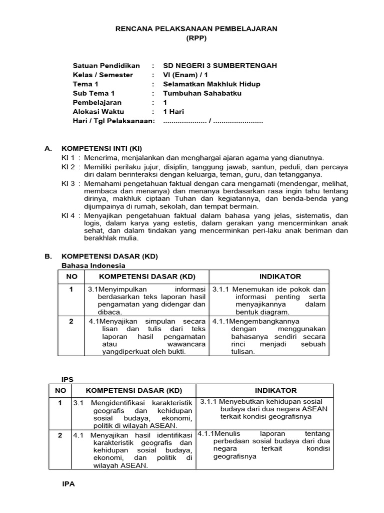 RPP Kelas VI Tema 1 - Selamatkan Makhluk Hidup | PDF