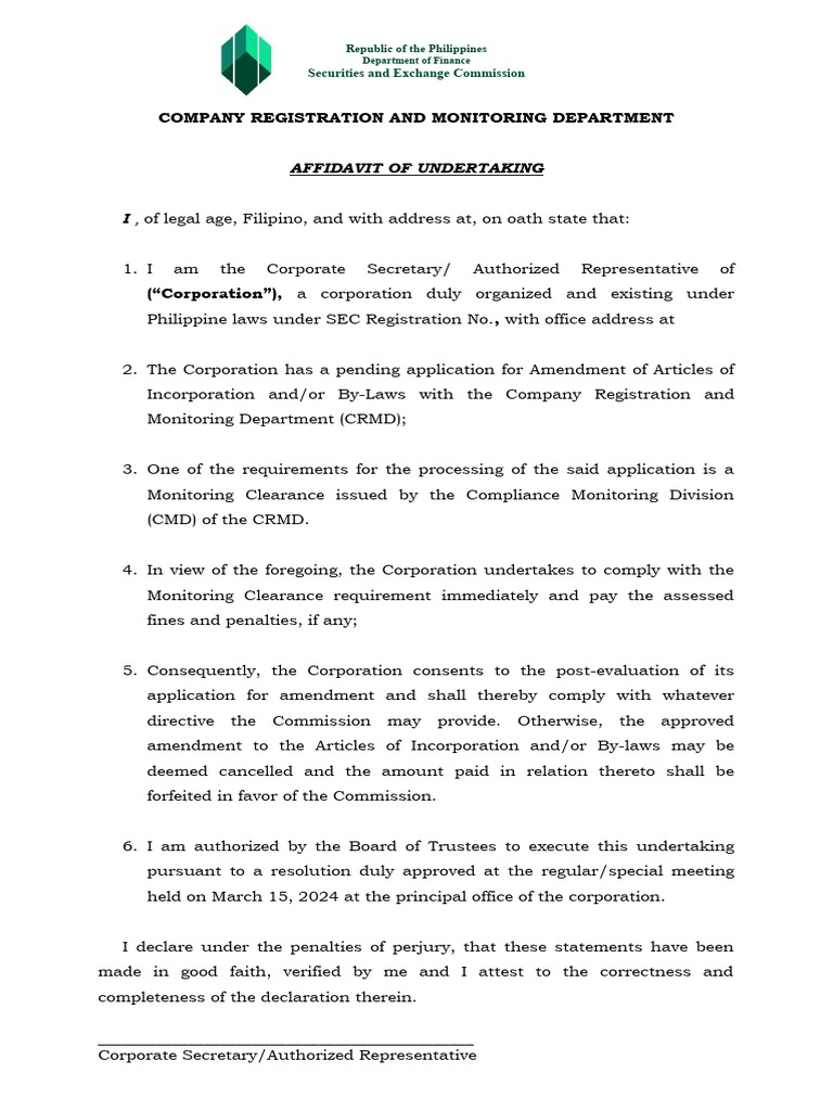 Amendment - Affidavit of Undertaking | PDF