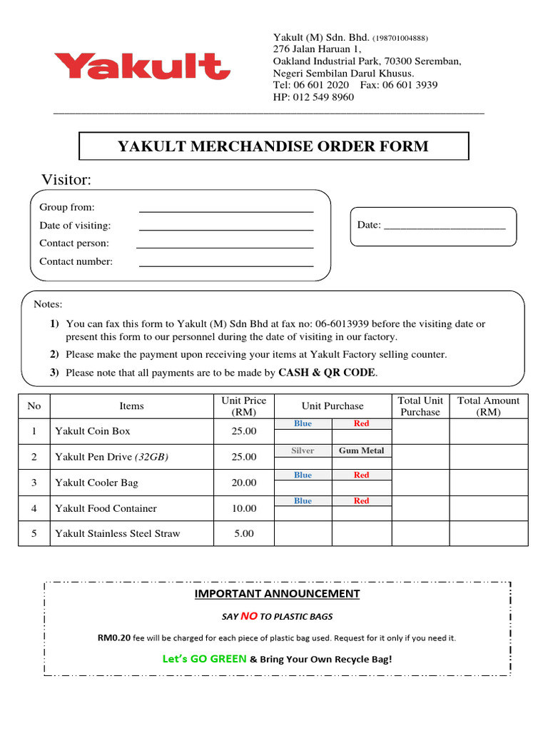 Yakult Merchandise Order Form | PDF