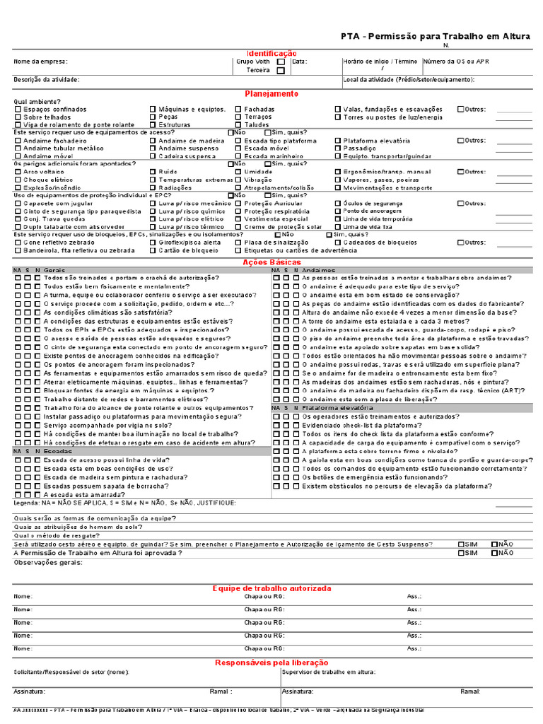 PTA - Permiss+Úo para Trabalho em Altura | PDF